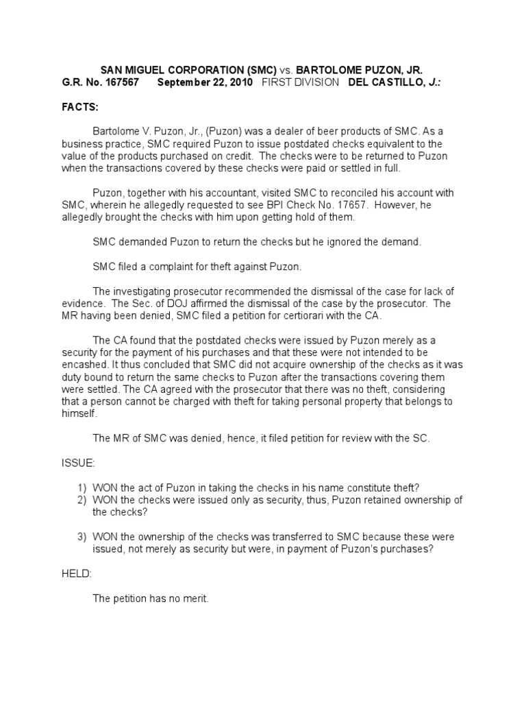 SMC vs. Puzon: Theft Case Dismissed | PDF | Cheque | Negotiable Instrument