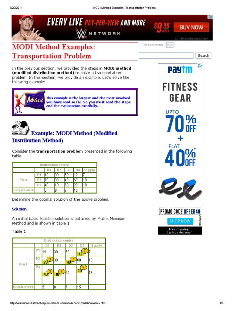 MODI Method Examples Transportation Problem PDF | PDF | Equations ...