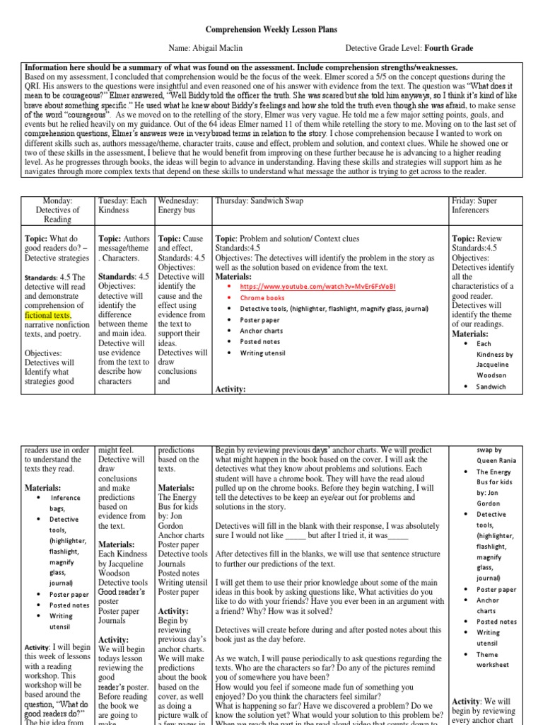 Comprehension Week of Lessons Refl | PDF | Reading Comprehension ...