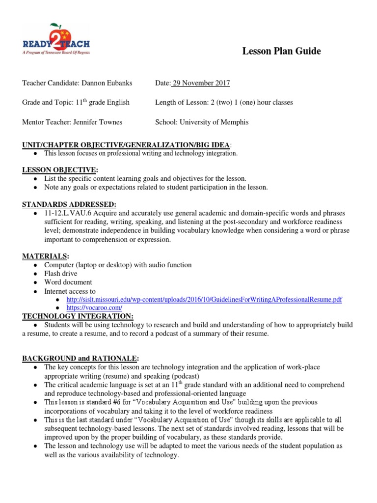 Lesson Plan Guide: Unit/Chapter Objective/Generalization/Big Idea ...