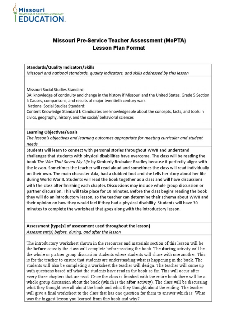 Missouri Pre-Service Teacher Assessment (Mopta) Lesson Plan Format ...