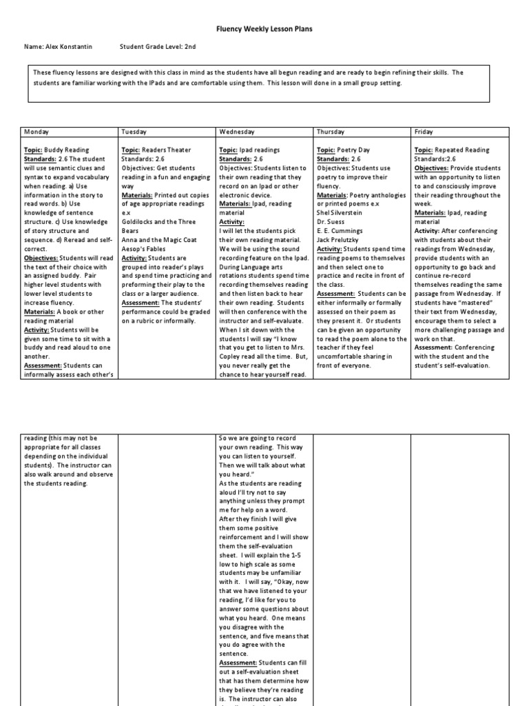 Weekly Fluency Lesson Plans for 2nd Grade | PDF | Educational ...