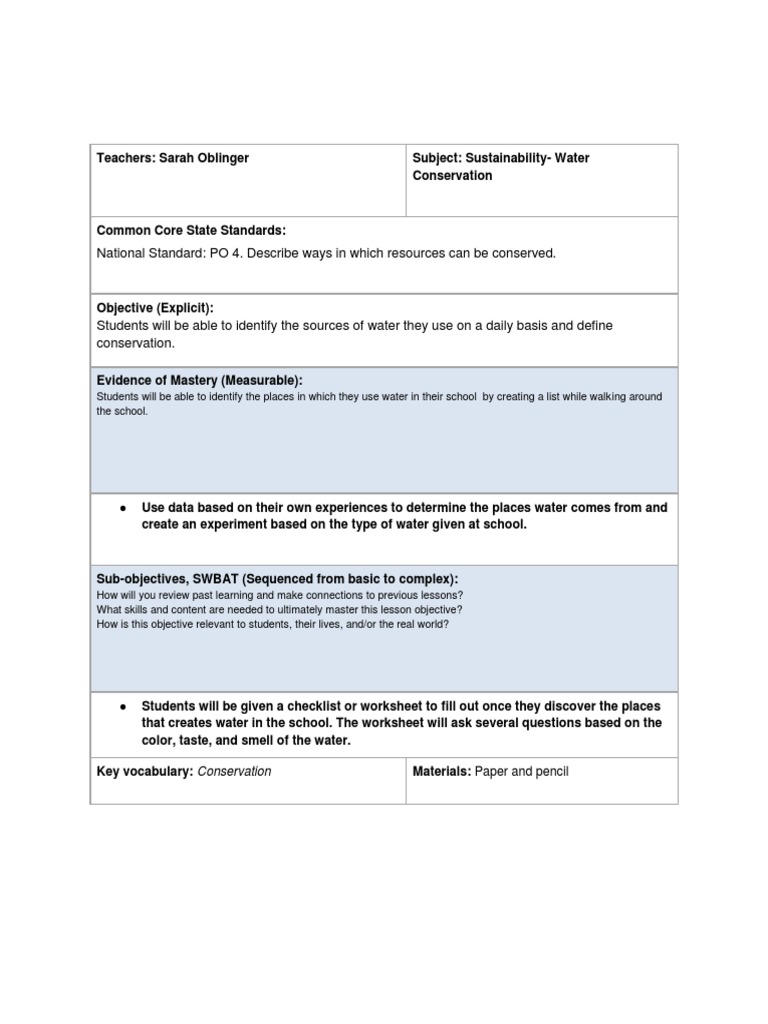 Water Conservation Lesson Plan - Day 1 | PDF | Strategic Management ...