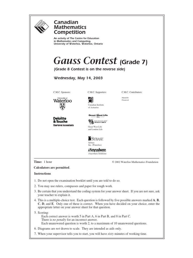 2003 Gauss 7 Contest | PDF | Pet | Teaching Mathematics