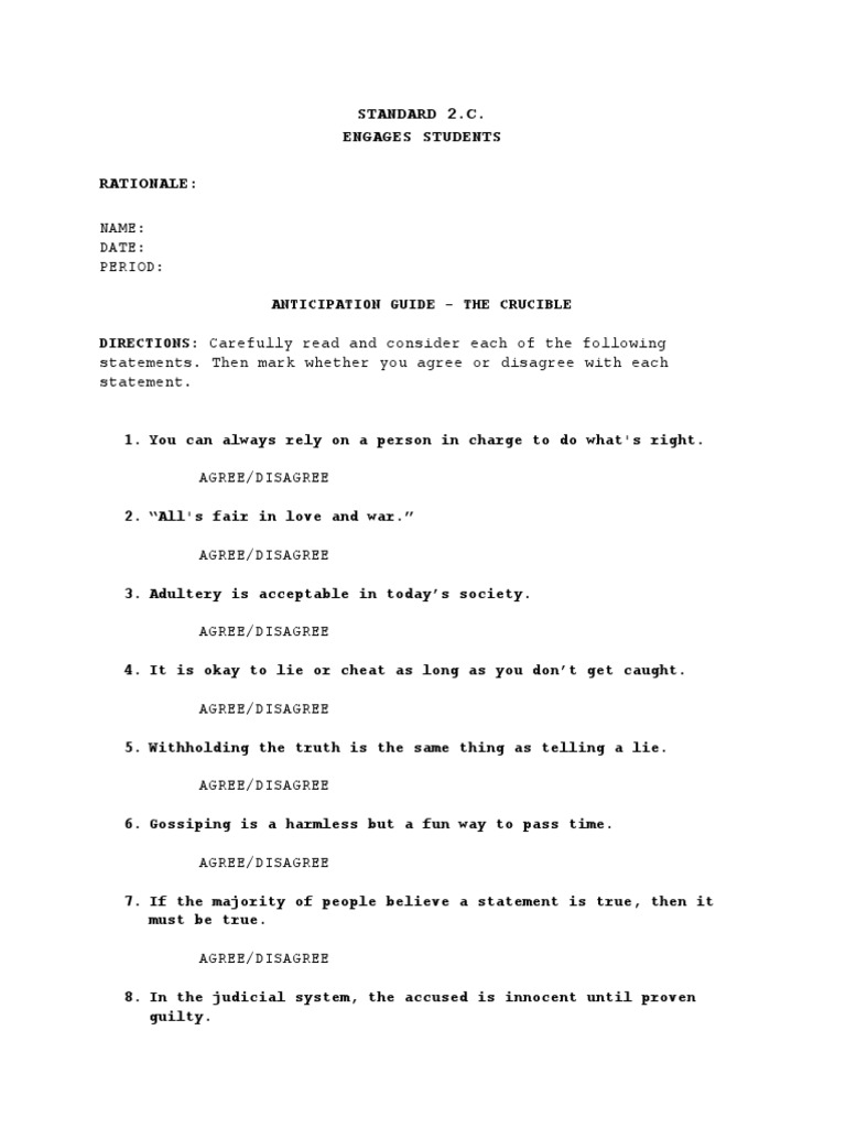 Anticipation Guide for The Crucible | PDF | Wellness | Science ...