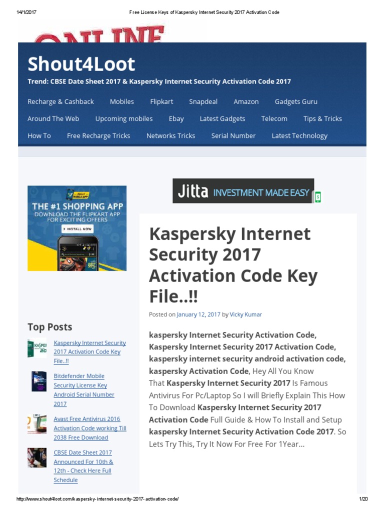 Free License Keys of Kaspersky Internet Security 2017 Activation Code ...