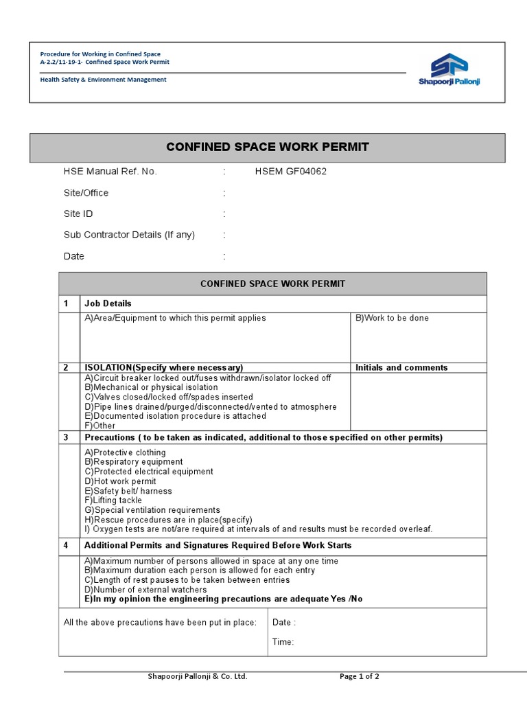 A 2.2!11!19 01 Confined Space Work Permit | PDF | Safety | Science
