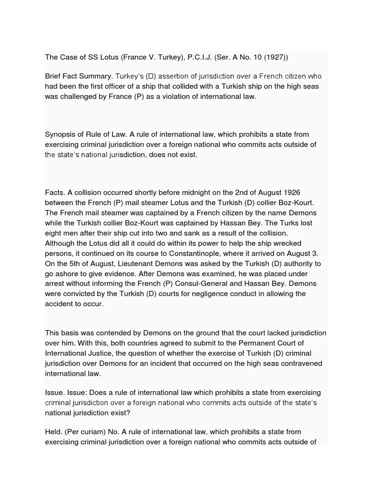 The Case of SS Lotus - France v. Turkey | PDF | Jurisdiction | Turkey