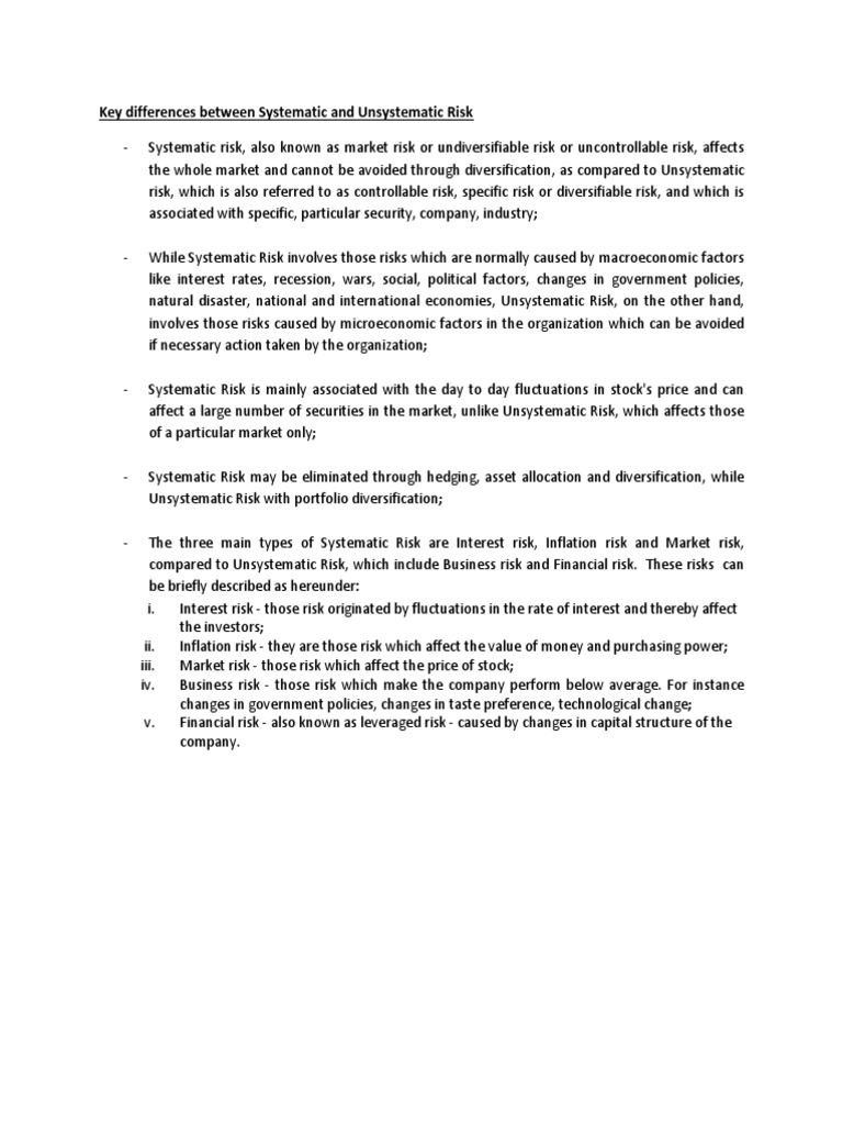 Key Differences Between Systematic and Unsystematic Risk | PDF