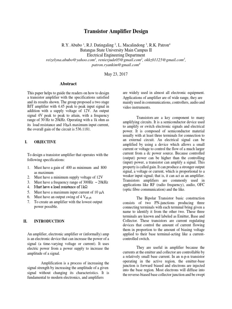 Transistor Amplifier Design FINAL | PDF | Amplifier | Transistor