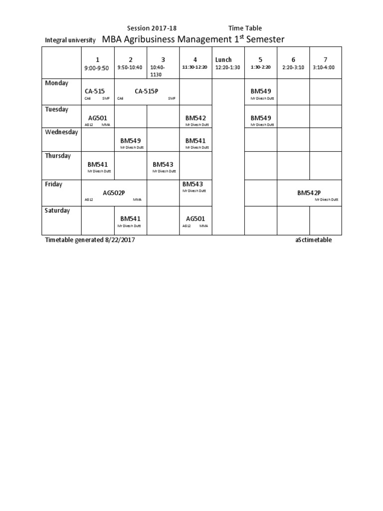 Time Table Mba Ag | PDF