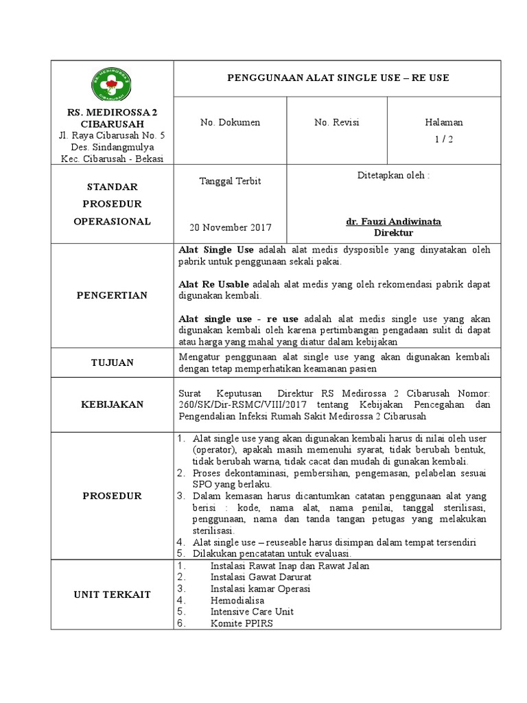 Spo Penggunaan Alat Single Use Dan Reuse | PDF