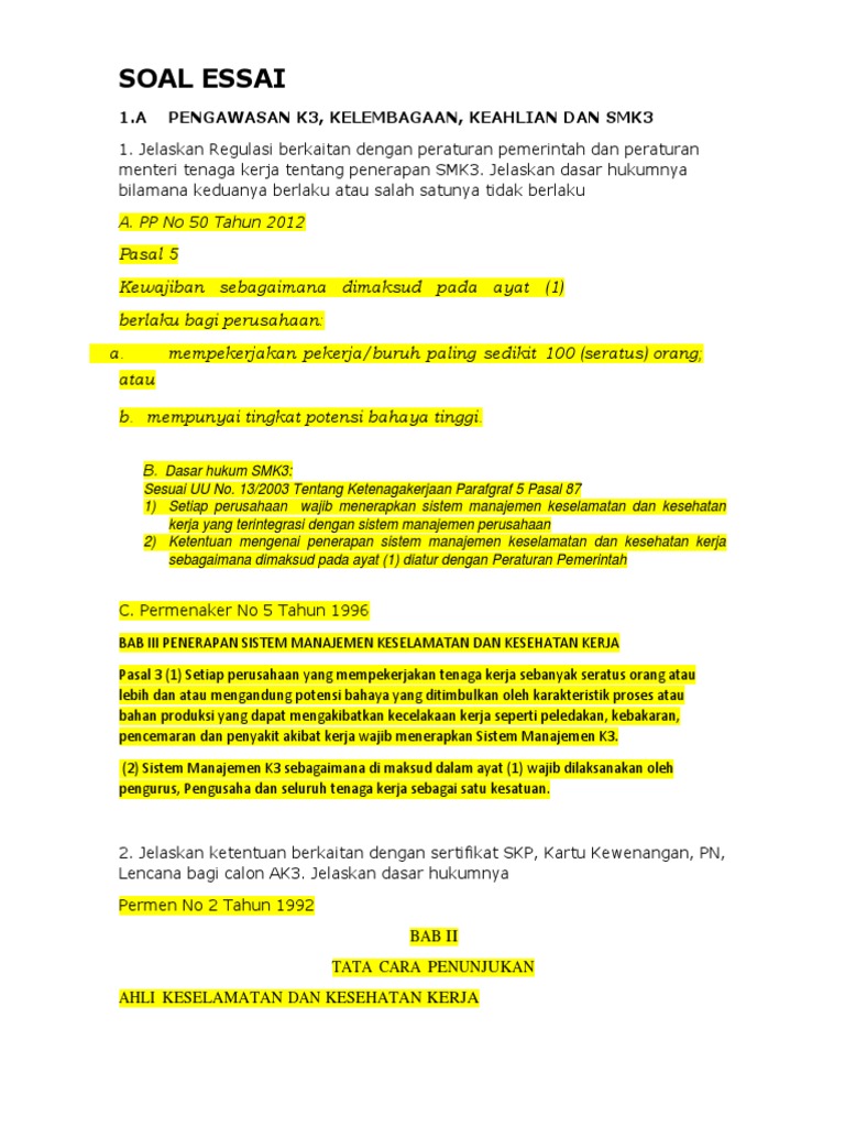 Soal Essay K3 dan SMK3 Konstruksi | PDF
