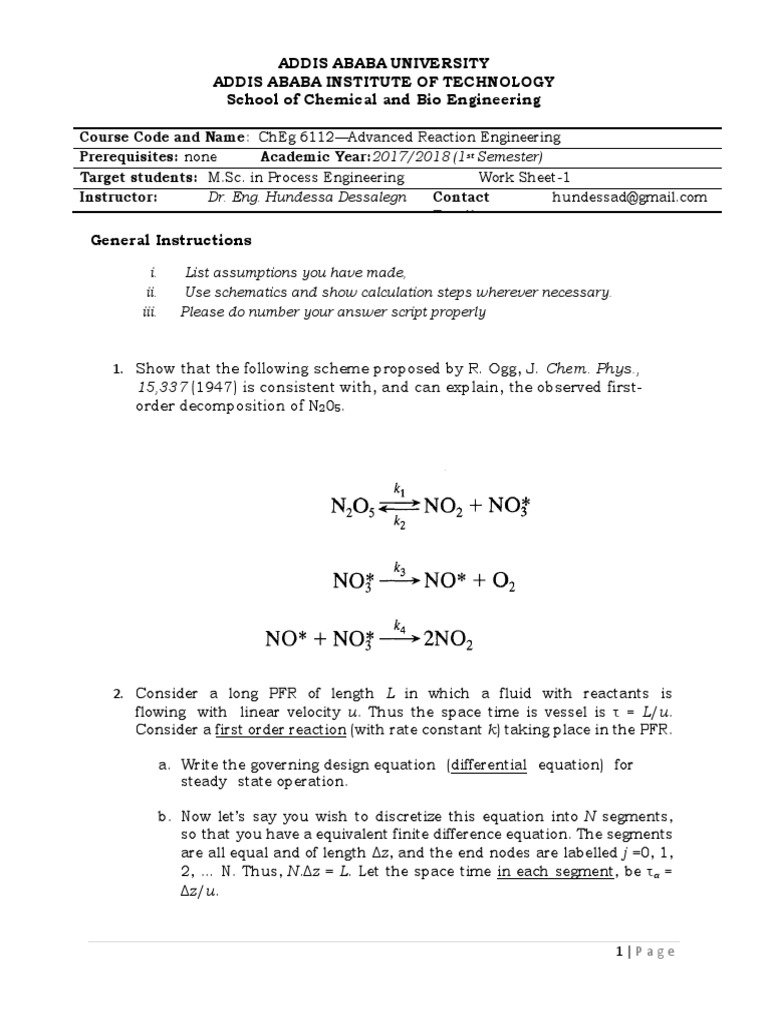 Advanced Reaction Engineering - Work Sheet - 1 PDF | PDF | Equations ...