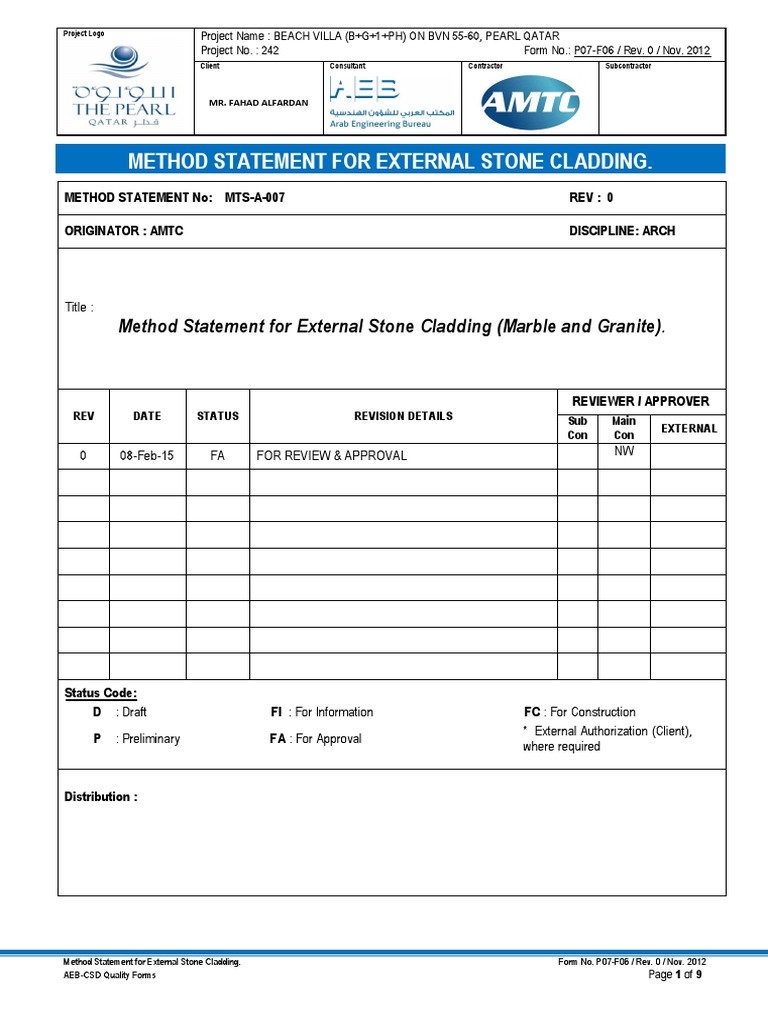 Method Statement for External Stone Cladding of a Beach Villa in Pearl Qatar | PDF | Consultant ...