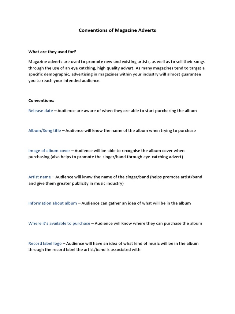 Magazine Advert Conventions Explained | PDF | Social Science