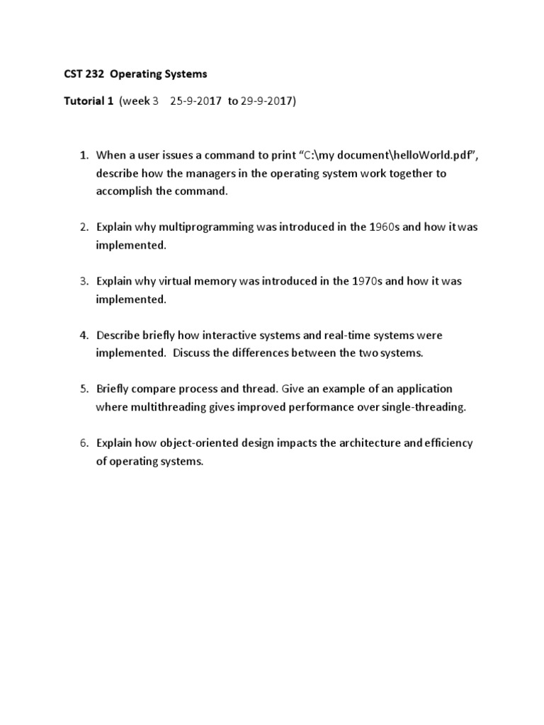 CST 232 Operating Systems Tutorial 1 (Week 3 25-9-2017 To 29-9-2017 ...