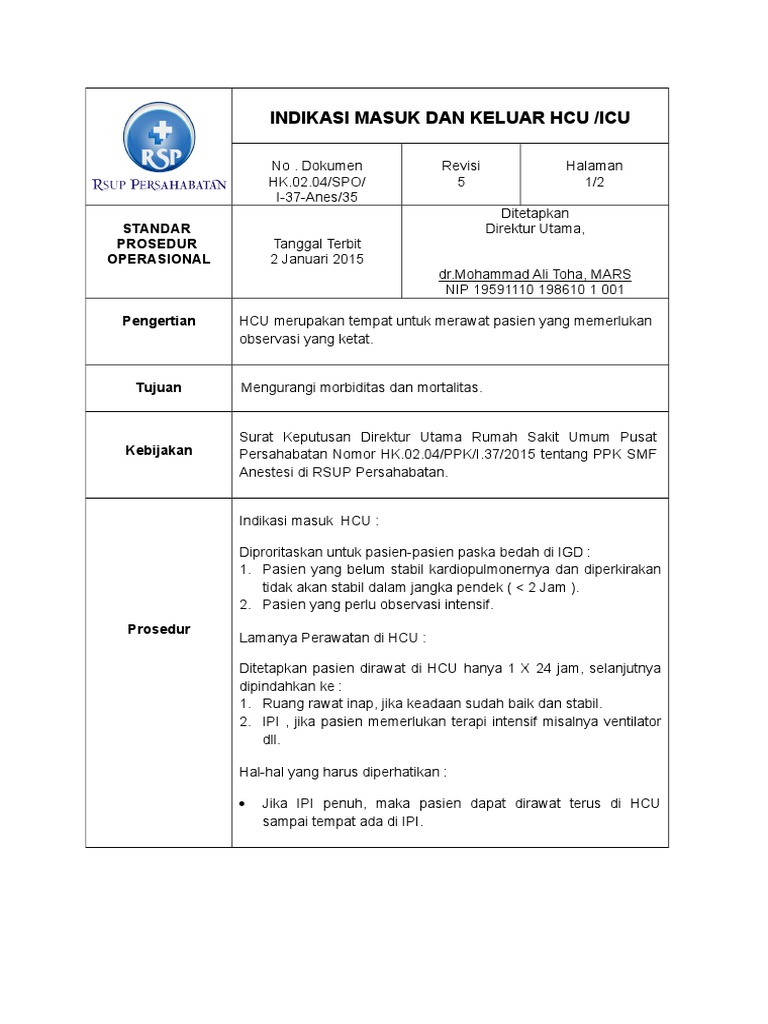 174.spo Indikasi Masuk Dan Keluar Hcu - Icu | PDF
