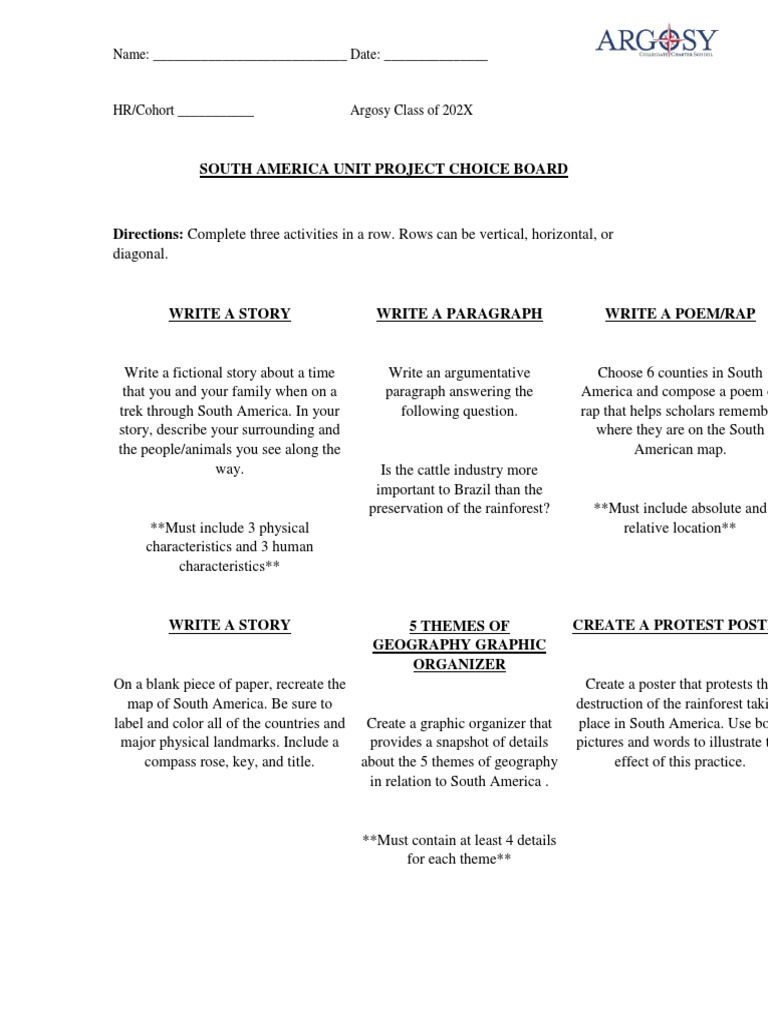 South America Choice Board 1 | PDF | Rapping