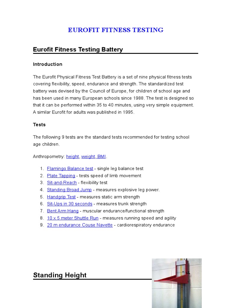 Eurofit Fitness Test Battery Overview | PDF | Body Mass Index | Hand