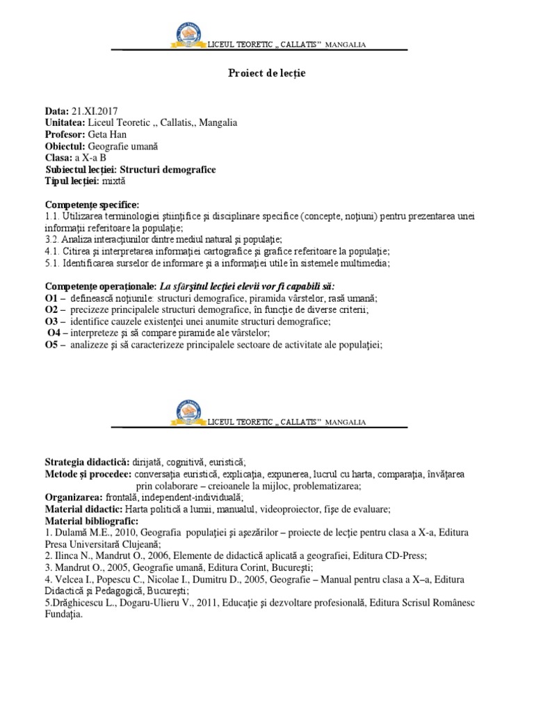 Structuri Demografice Proiect de Lectie | PDF
