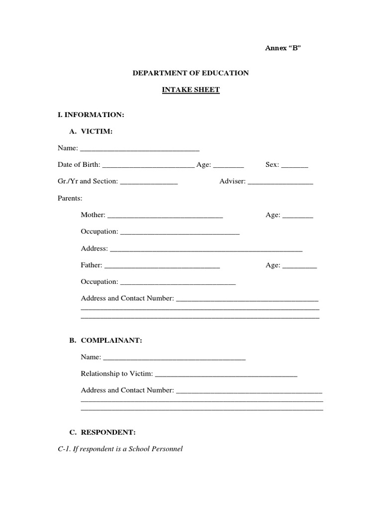 Intake Sheet Annex B | Crime & Violence | Crime Thriller