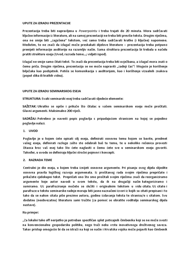 Upute Za Izlaganje Prezentacije I Pisanje Eseja | PDF