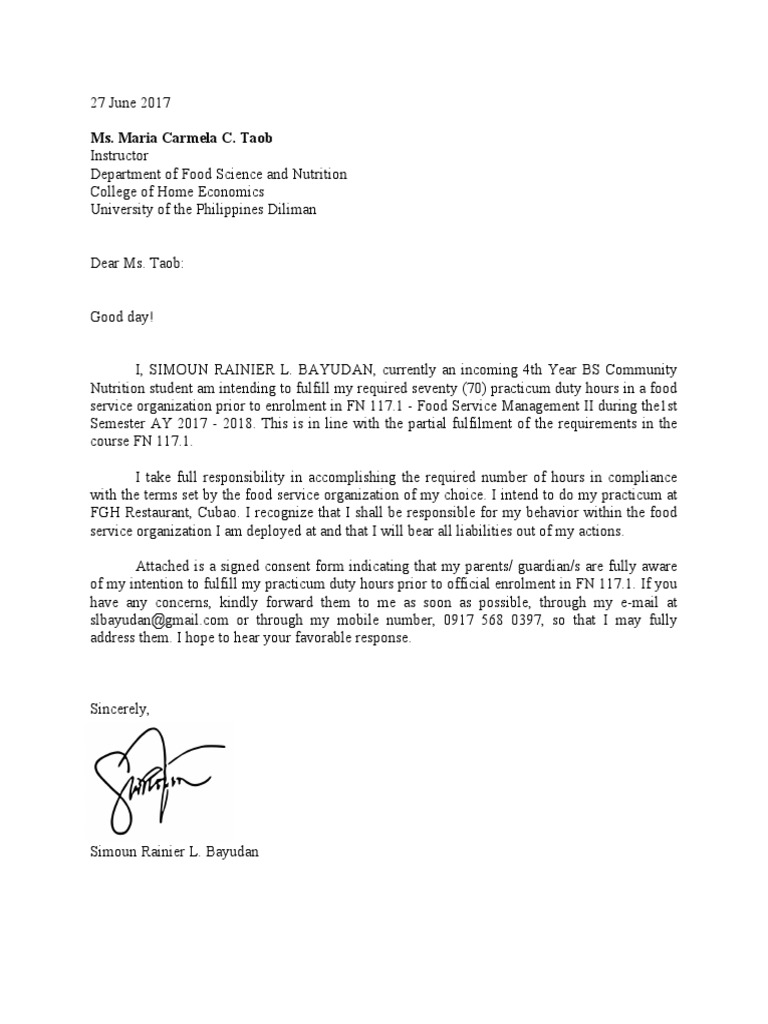 FN Practicum - Letter of Intent | PDF