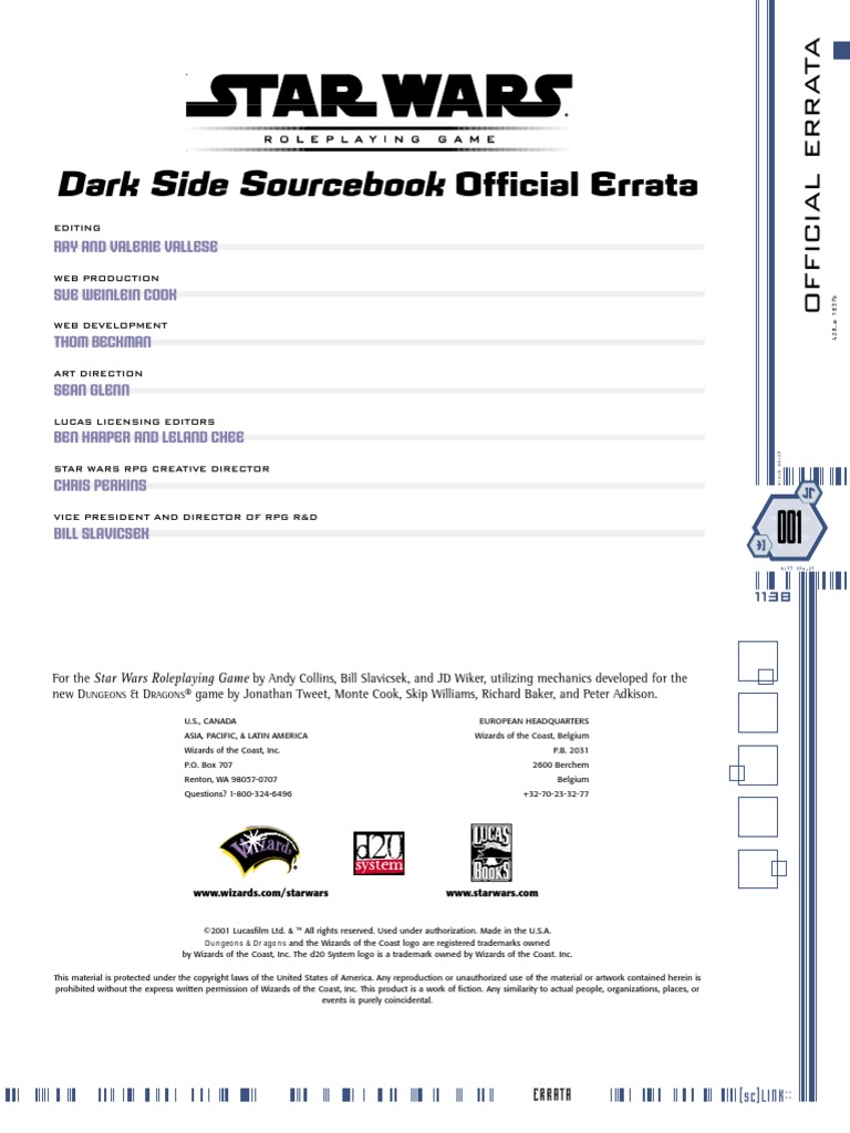 Star Wars - D20 - Errata - Dark Side Sourcebook Errata PDF | PDF | Wizards Of The Coast | D20 System