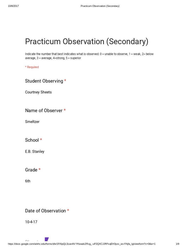 Practicum Observation Courtney Sheets 10-4-17 | PDF | Teachers | Learning