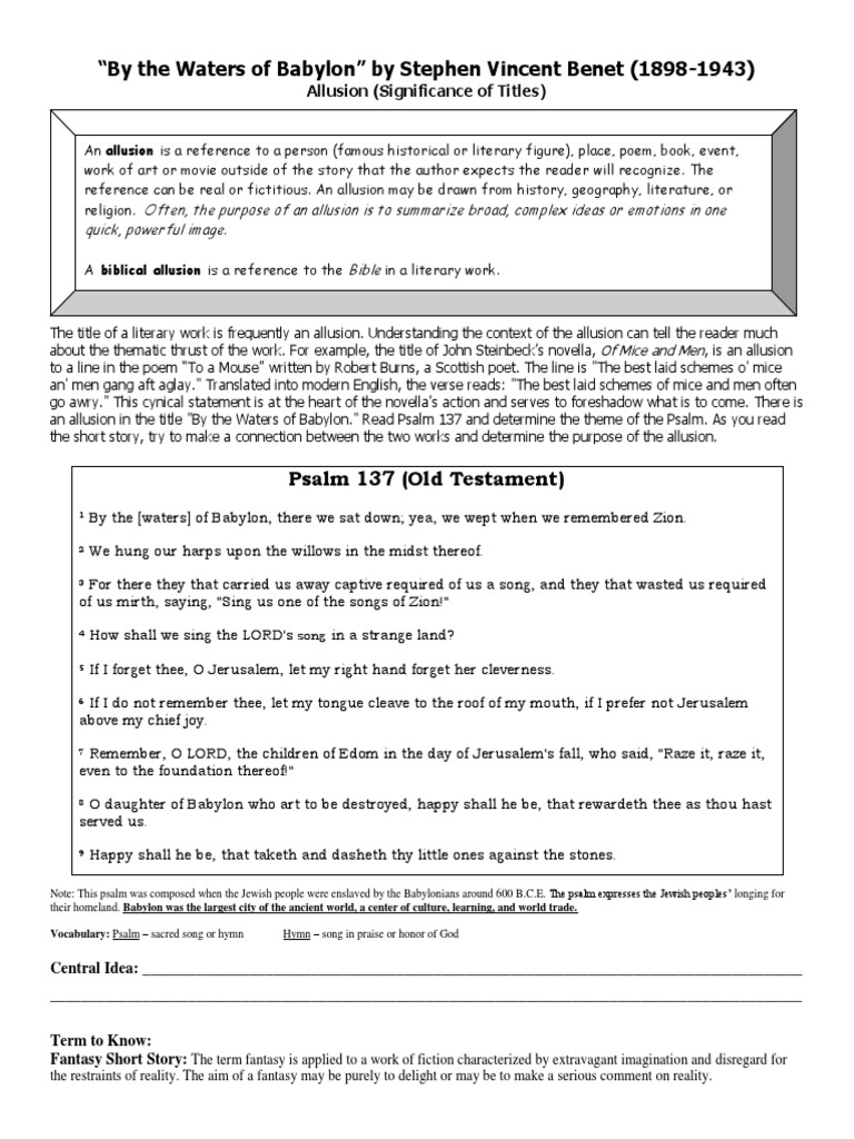 By The Waters of Babylon Pre-Reading Notes - Allusion Revised | PDF ...