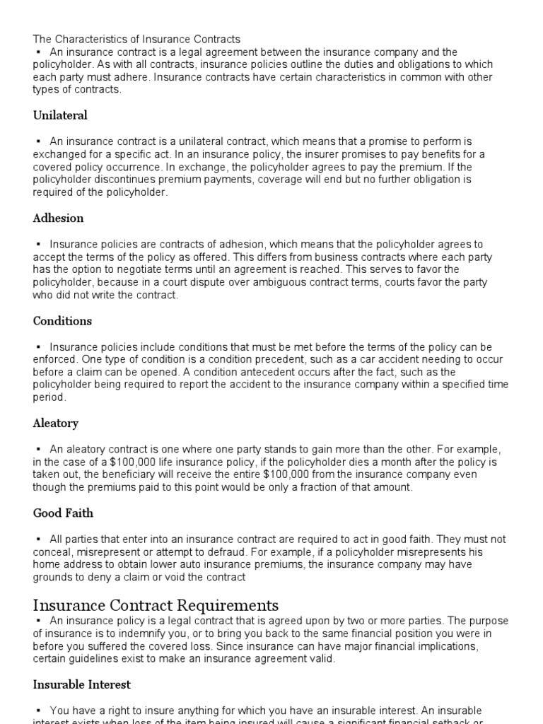 Key Features of Insurance Contracts | PDF | Insurance | Insurance Policy
