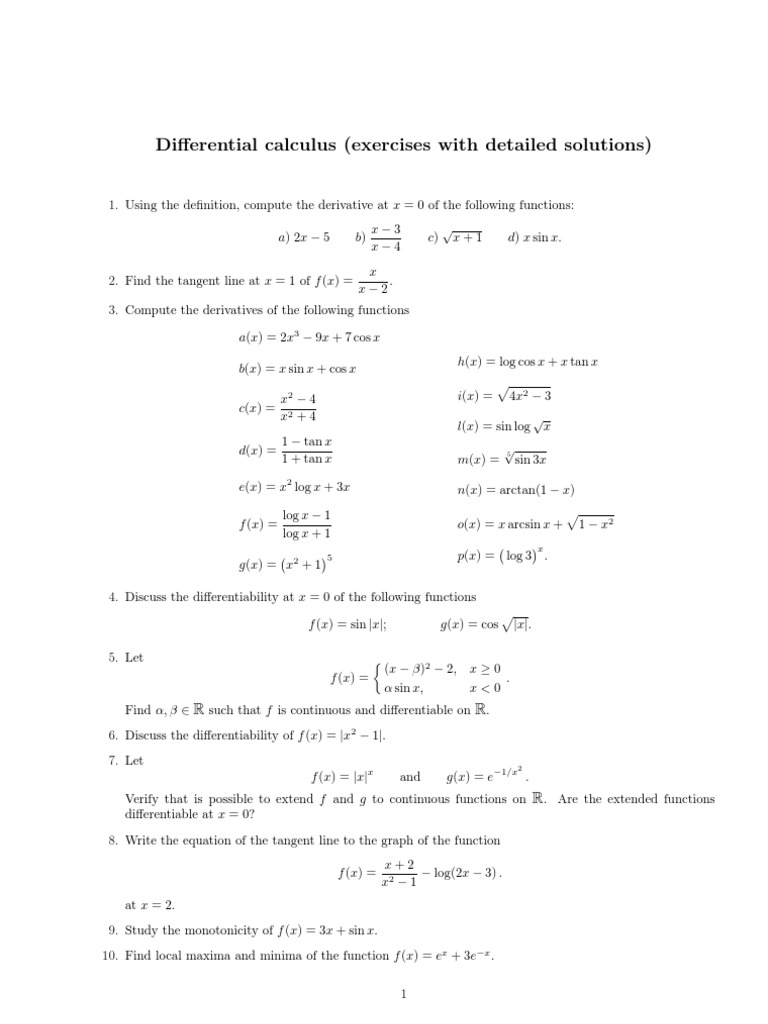 Differential Calculus (Exercises With Detailed Solutions) | PDF | Sine | Derivative