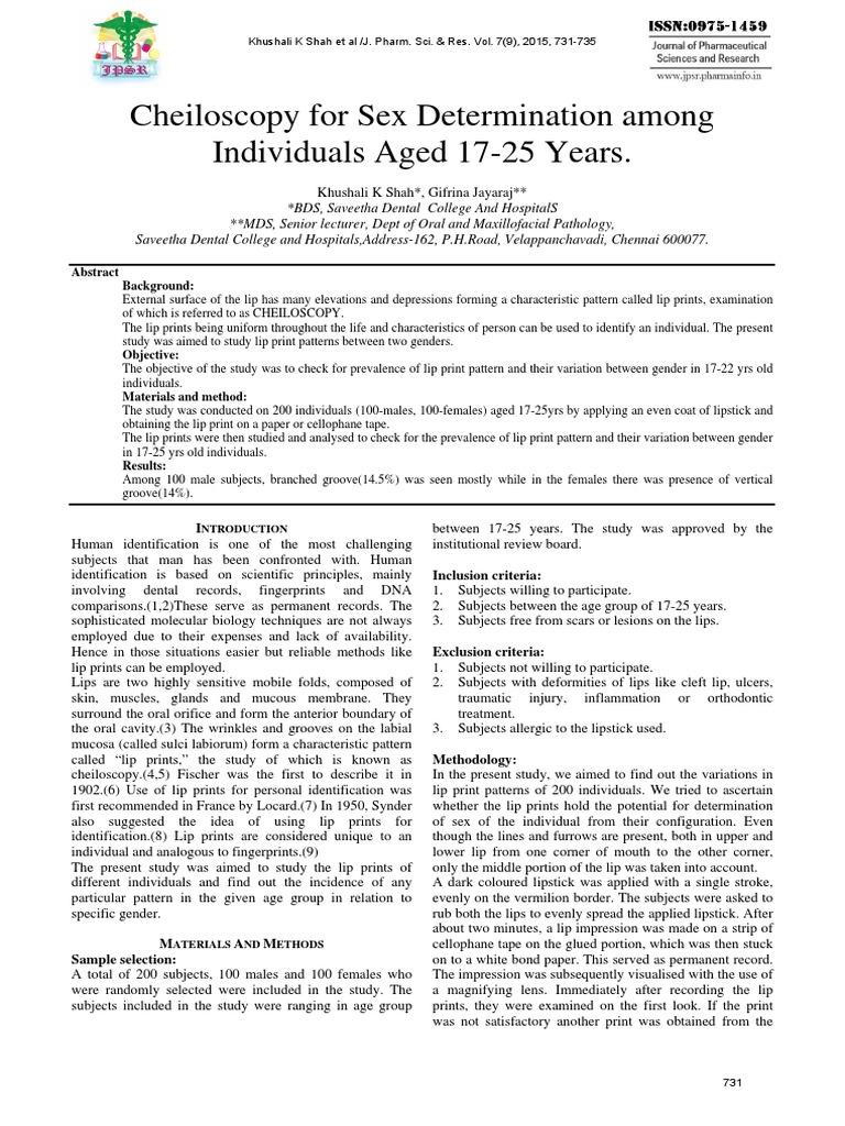 Cheiloscopy For Sex Determination Among | PDF | Lip | Fingerprint