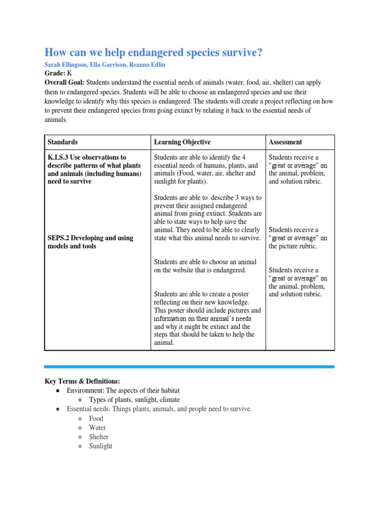 PBL Lesson Plan | PDF | Endangered Species | English As A Second Or ...
