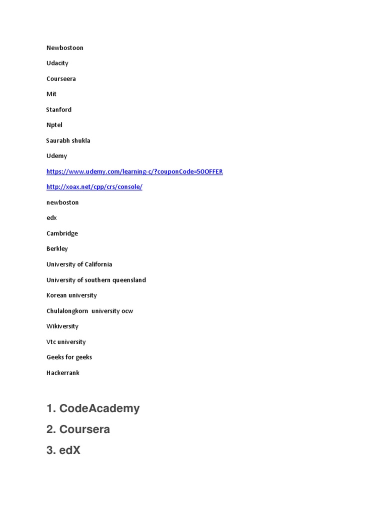 Codeacademy 2. Coursera 3. Edx | PDF | Java Script | Scripting Language