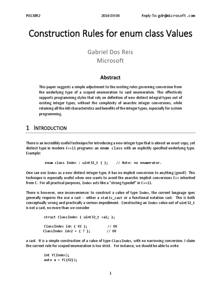 Construction Rules For Enum Class Values: Gabriel Dos Reis Microsoft | Download Free PDF ...