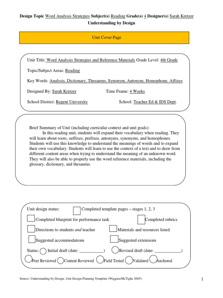 Design Topic Word Analysis Strategies Subject(s) Reading Grade(s) 4 ...