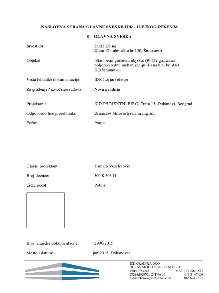 Prilog 1 Glavna Sveska I Projekat Arhitekture | PDF