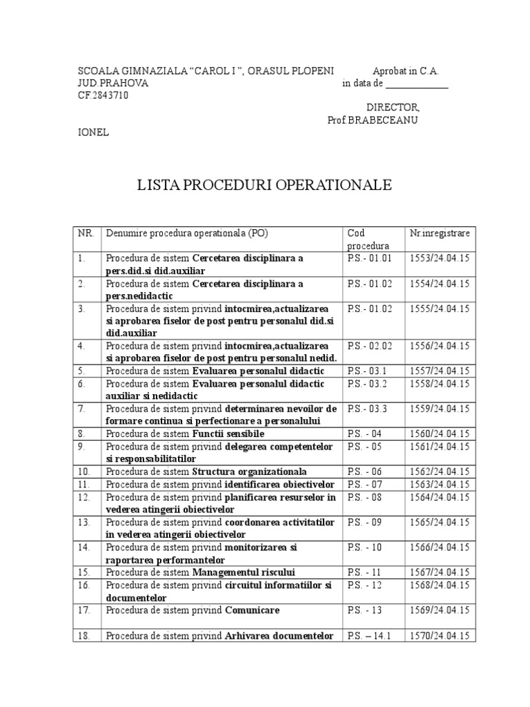 Lista Proceduri | PDF