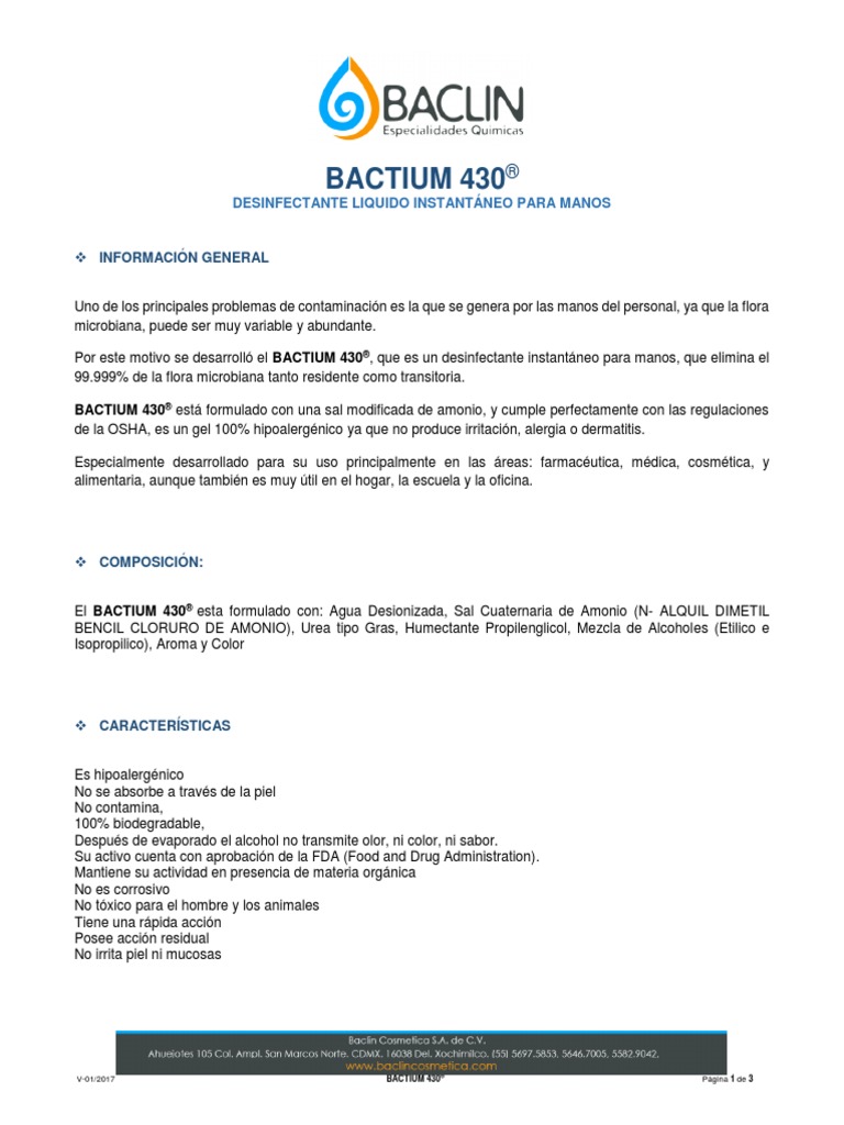 Desinfectante Instantáneo BACTIUM 430® | PDF | Las bacterias | sal