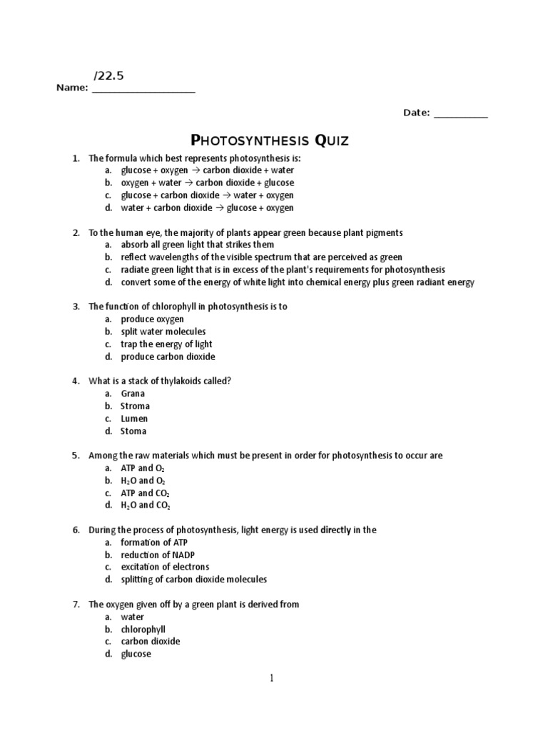 Photosynthesis Quiz MR A | PDF | Photosynthesis | Chloroplast