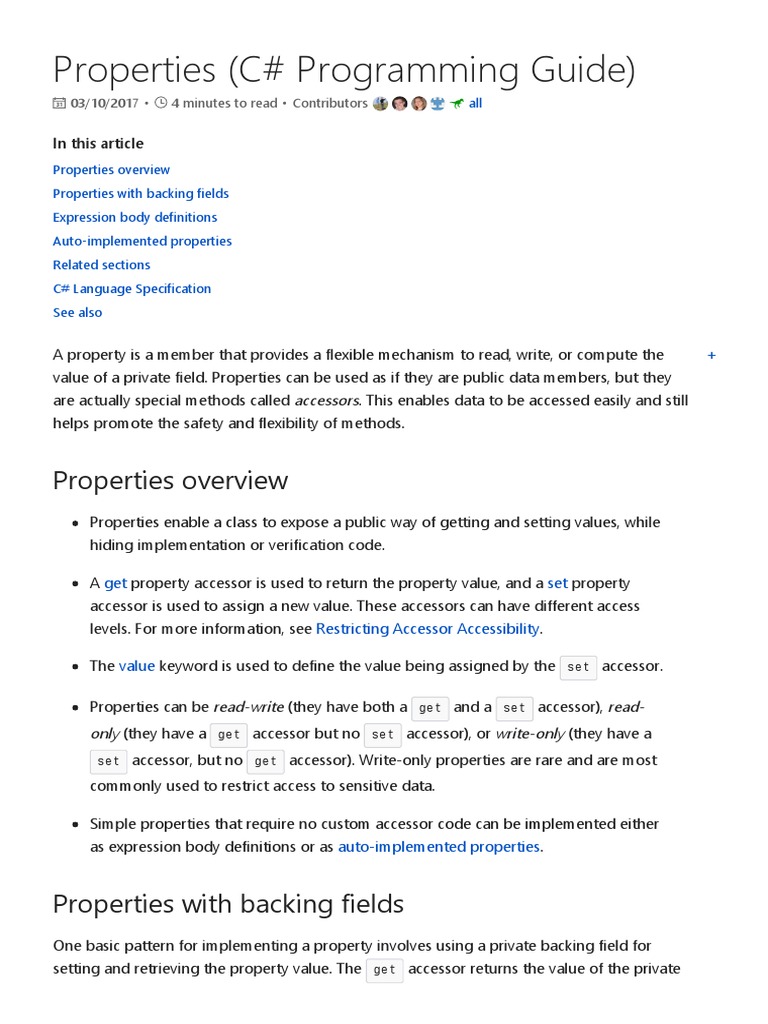 Properties (C# Programming Guide) - Microsoft Docs | PDF | C Sharp ...