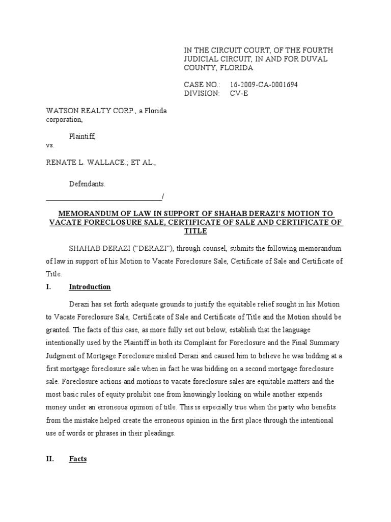 Memo in Support of Motion To Vacate | PDF | Foreclosure | Lawsuit