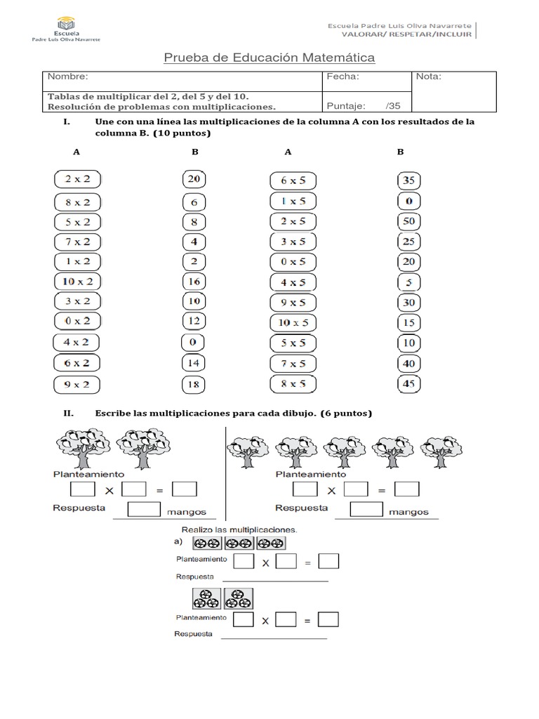 Prueba de Tablas de Multiplicar 2, 5 y 10 | PDF