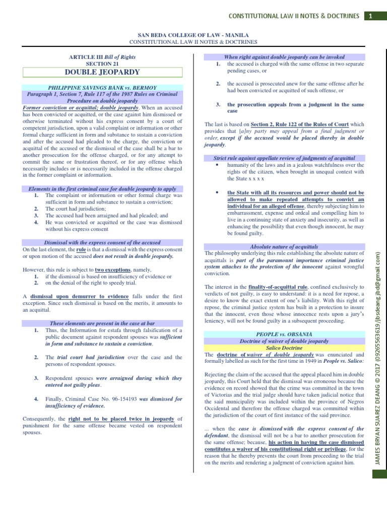 Constitutional Law II Notes: Double Jeopardy | PDF | Double Jeopardy ...