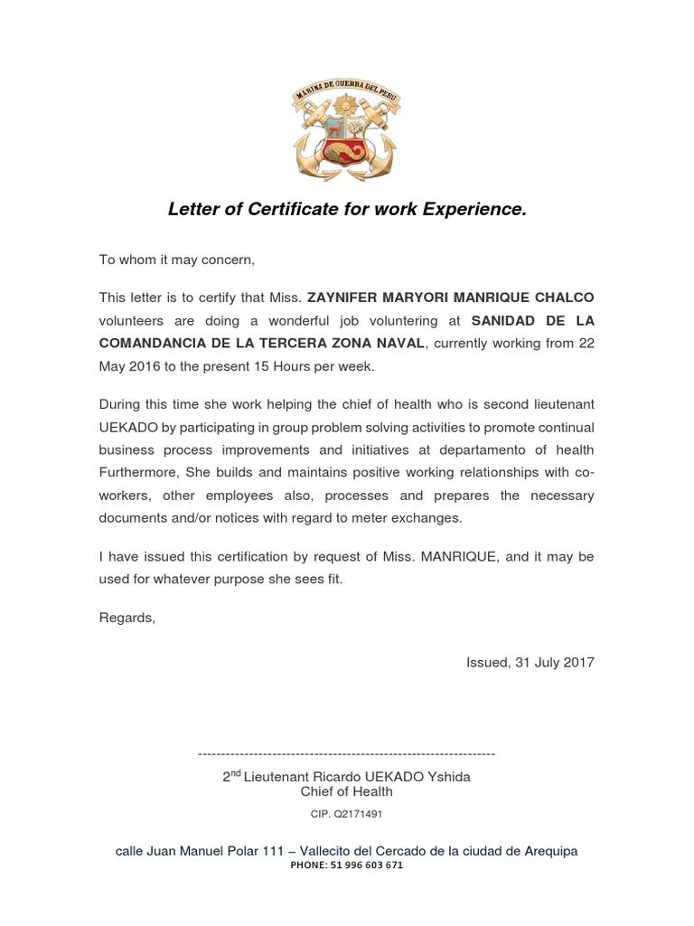 Letter of Certificate For Work Experience UEKADO | PDF