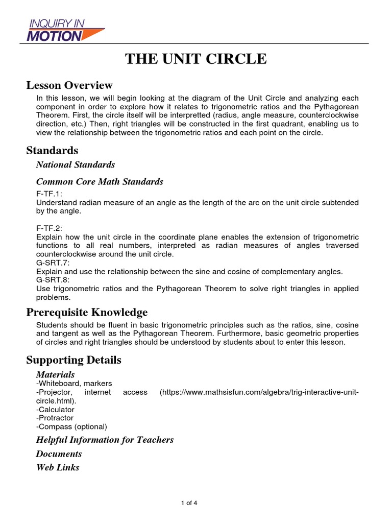 The Unit Circle: Lesson Overview | Download Free PDF | Trigonometric ...