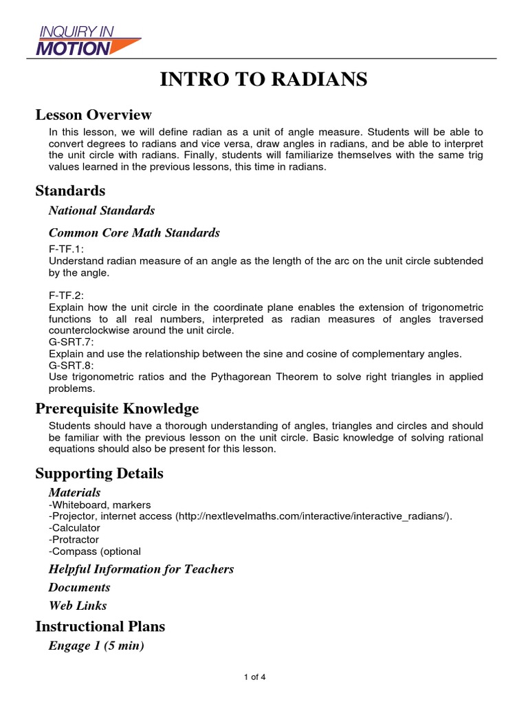 Intro To Radians: Lesson Overview | PDF | Trigonometric Functions ...