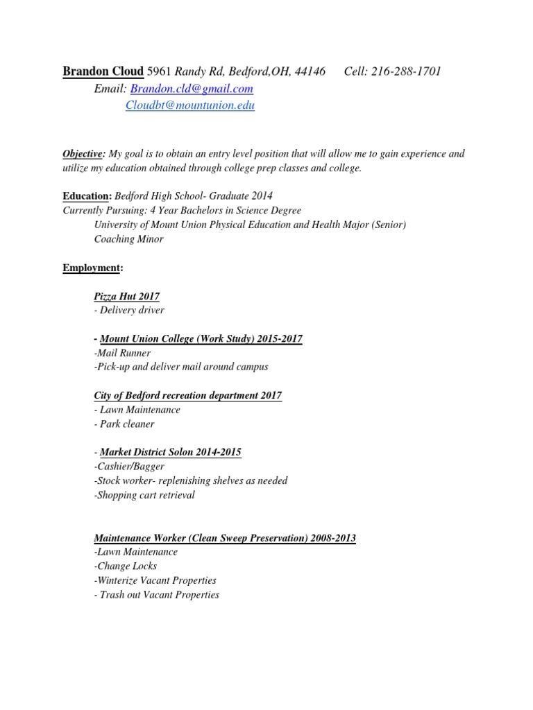 Entry-Level Resume for Brandon Cloud | PDF | Career & Growth